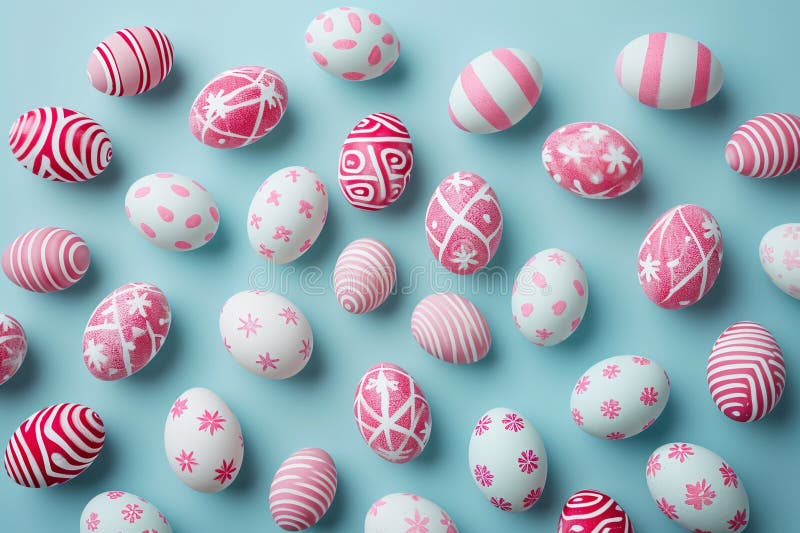Easter Elegance: Pink and White Egg Pattern on Pastel Blue Background ...