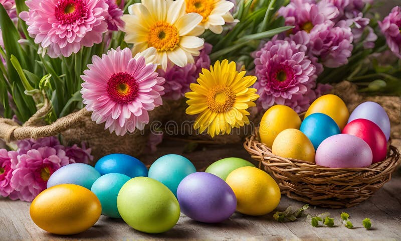 Easter Elegance: Still Life with Eggs and Flowers Stock Illustration ...