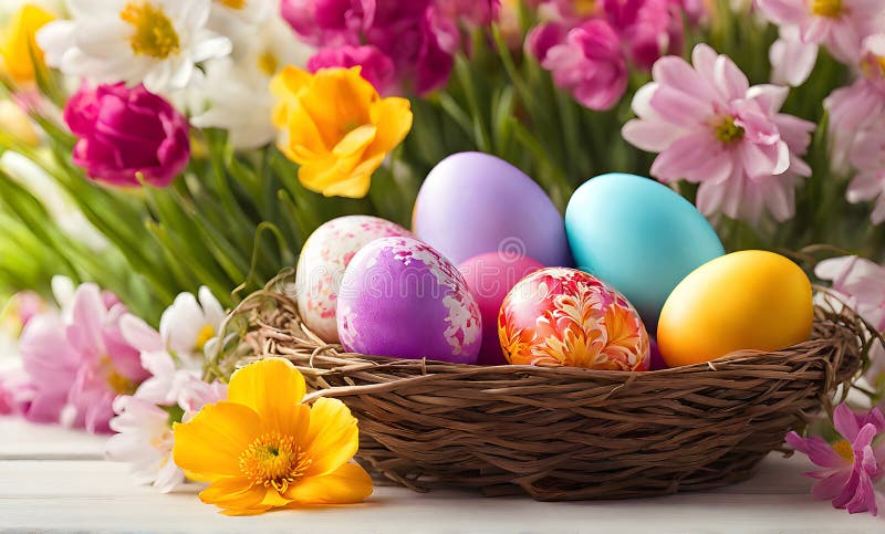 Easter Elegance: Still Life with Eggs and Flowers Stock Illustration ...