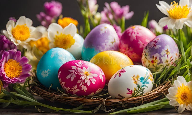 Easter Elegance: Still Life with Eggs and Flowers Stock Illustration ...