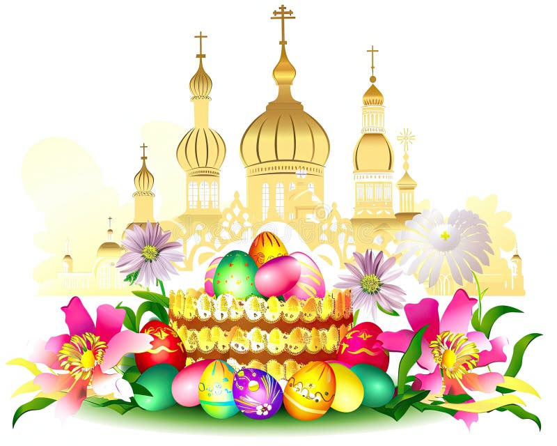 Easter Emblem with Domes of Temples, Crosses, Willows and Painted Eggs ...