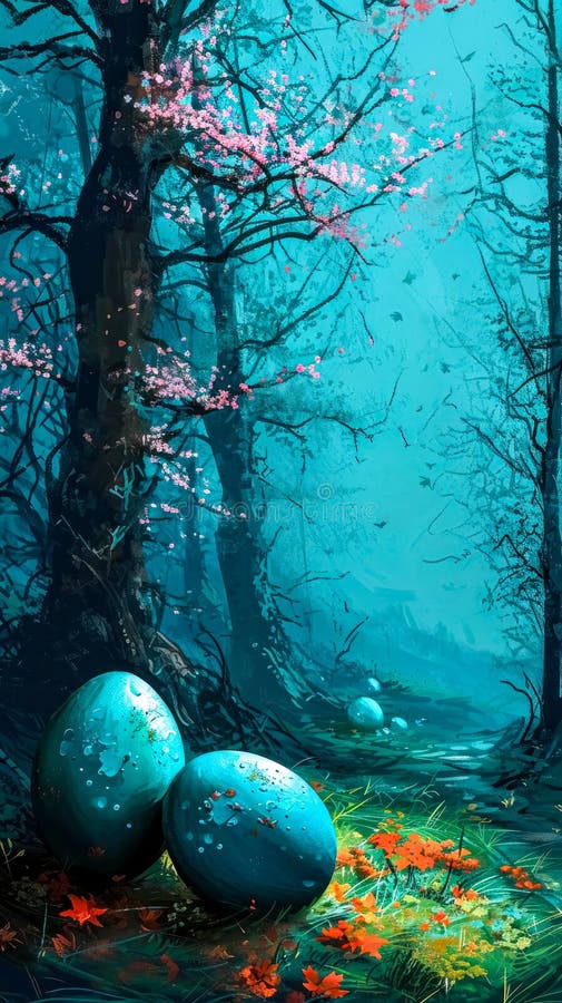 Easter. Enchanted Forest with Mystical Eggs and Blooming Cherry ...