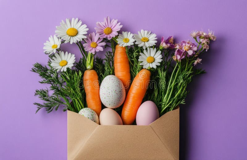 Easter Envelope with Carrots, Flowers, and Eggs on Purple Background ...