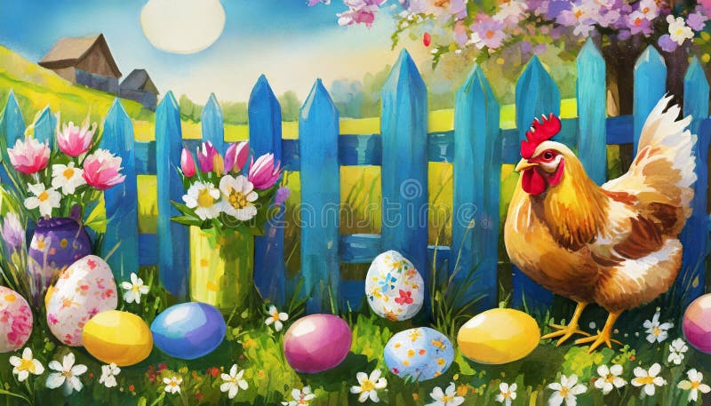 Easter on Farm with Animals Hen with Egg Stock Illustration ...