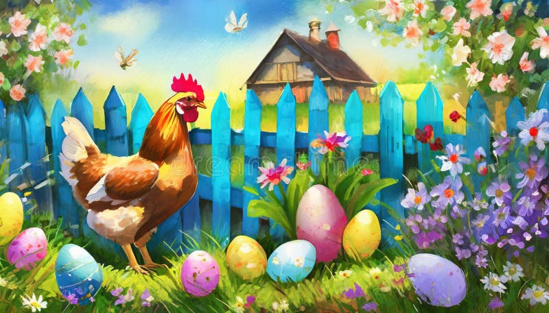 Easter on Farm with Animals Hen with Egg Stock Illustration ...