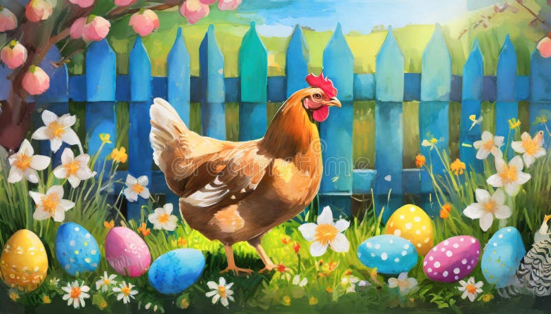 Easter on Farm with Animals Hen with Egg Stock Illustration ...
