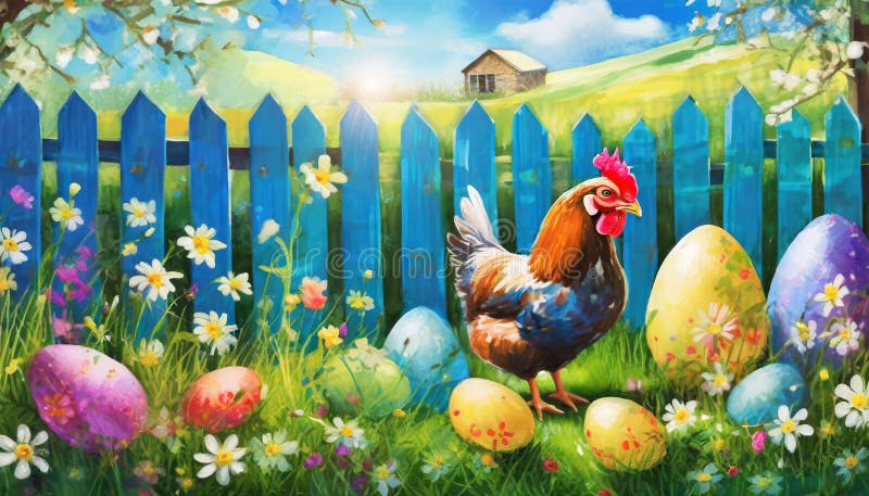 Easter on Farm with Animals Hen with Egg Stock Illustration ...