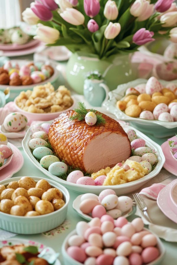 Easter Feast Table with Decorated Eggs, Ham, and Spring Flowers Stock ...