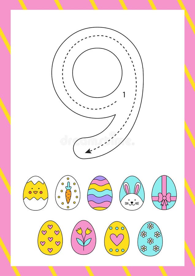 Easter Flashcard How To Write Number Nine. Worksheet for Kids Stock ...