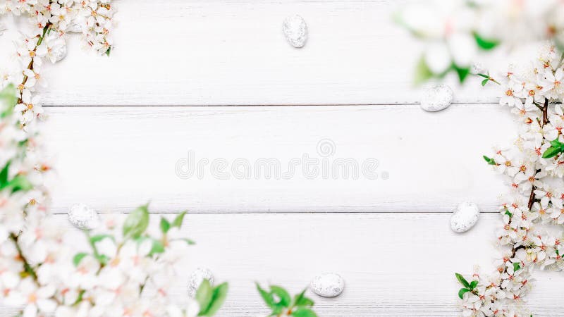 Easter Flat. Cherry Tree Blossom, White Happy Easter Eggs on Wood ...