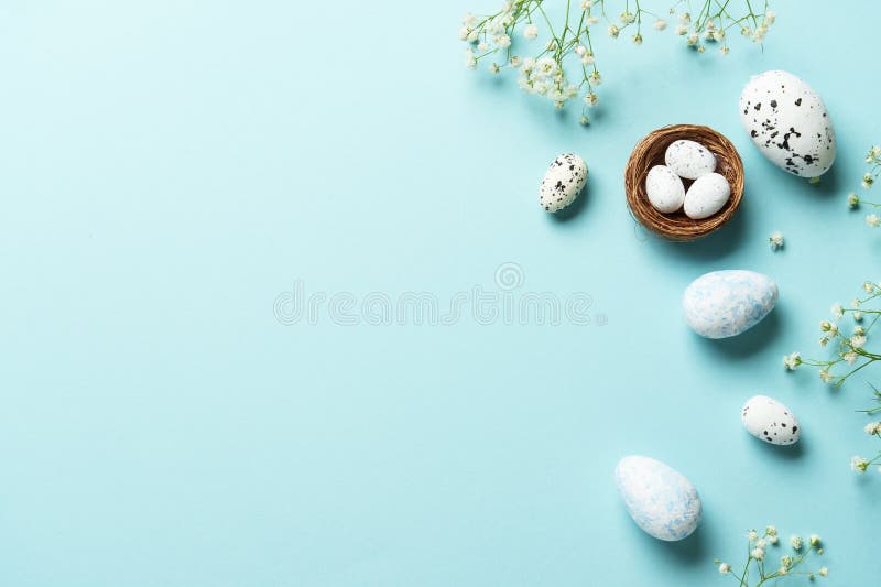 Easter Flat Lay Background with Eggs and Flowers Stock Image - Image of blue, blossom: 369459121