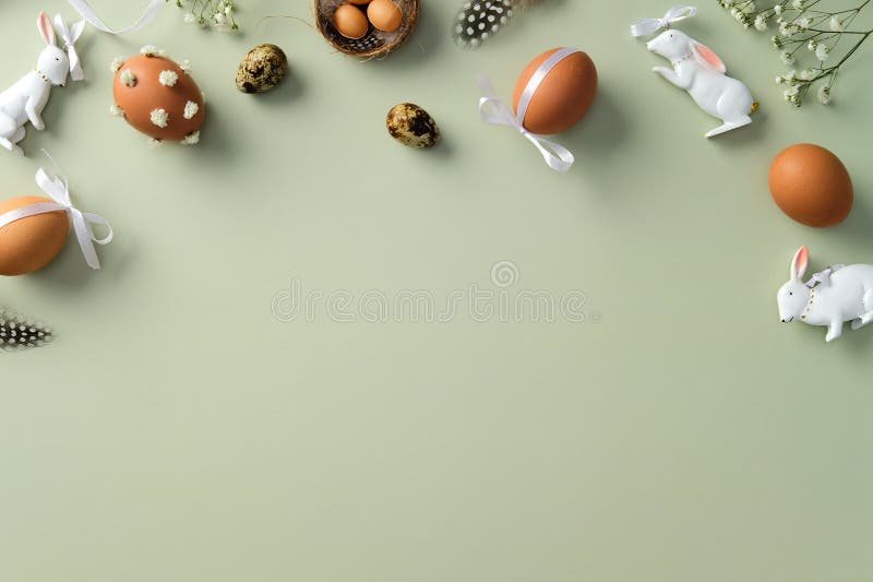 Easter Flat Lay Composition with Decorated Eggs, Ceramic Bunnies ...