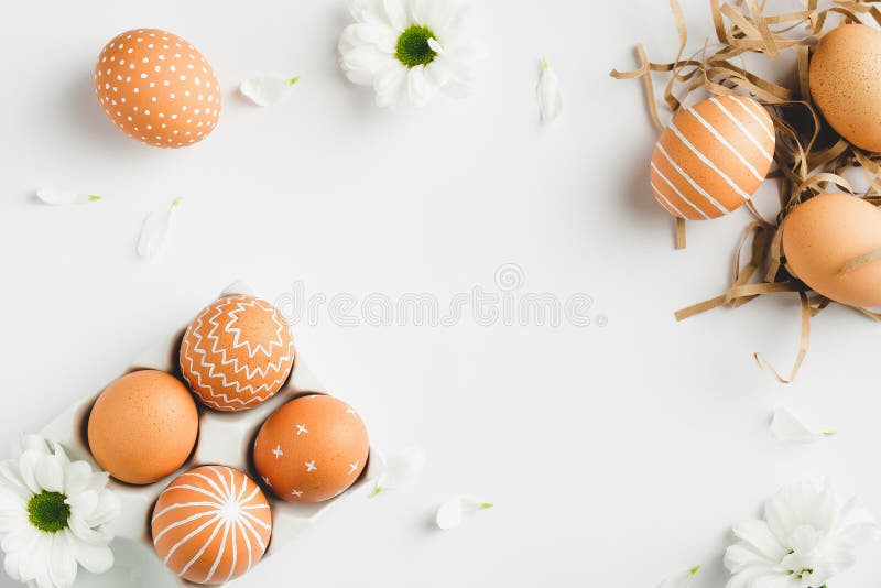 Easter Flat Lay Composition. Easter Eggs and Spring Flowers on White ...