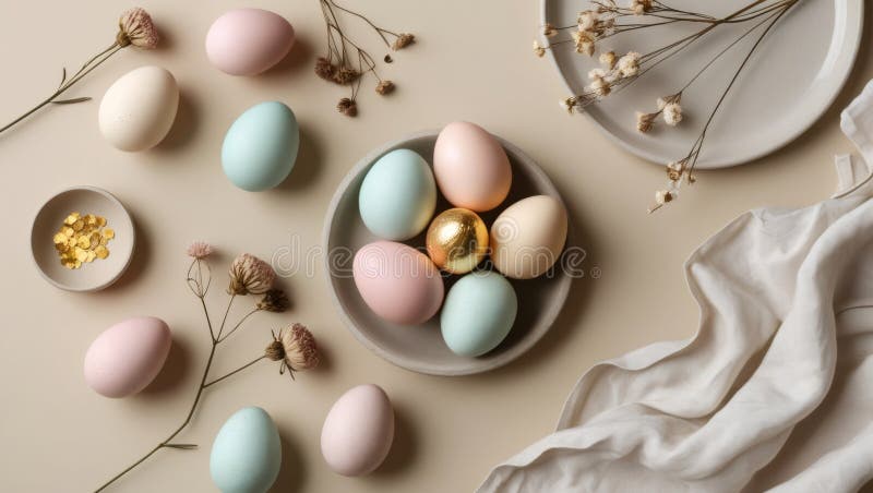 Easter Flat Lay Composition with Pastel Colored Eggs Surrounding One ...