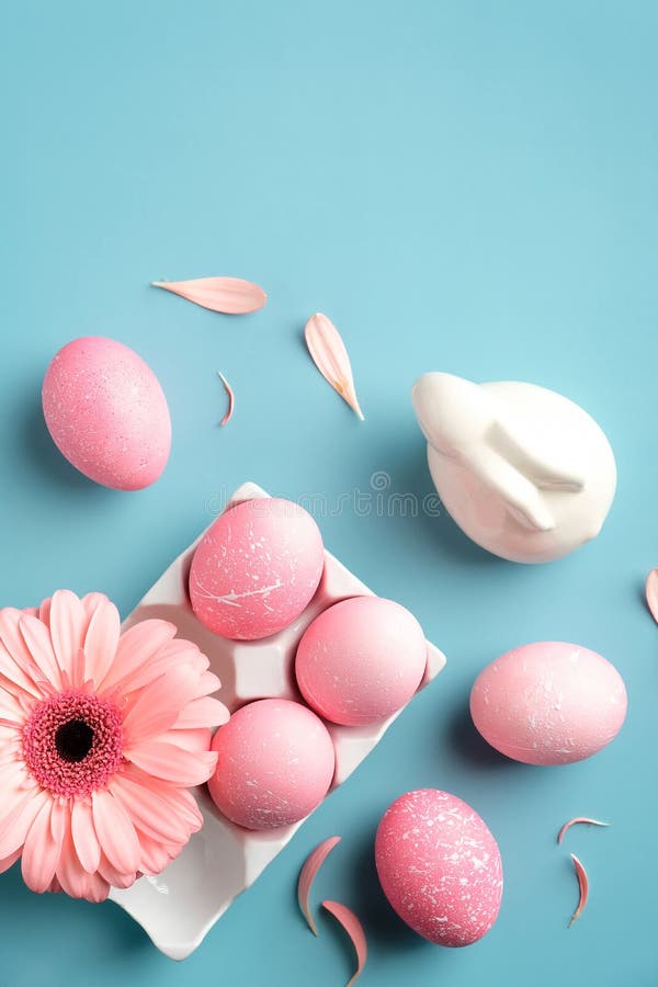 Easter Flat Lay Composition with Pink Easter Eggs, Spring Flower, Easter Bunny Rabbit on ...
