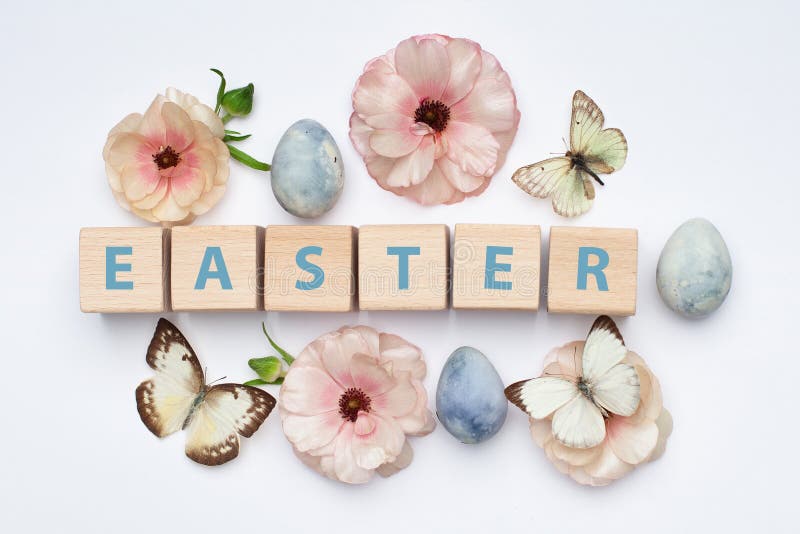 Easter Flat Lay with Eggs and Flowers on White Background Stock Image ...