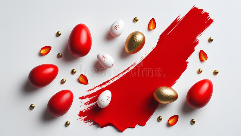 Easter Flat Lay: Eggs, Red Paint and Gold Accents - Modern Design Stock ...