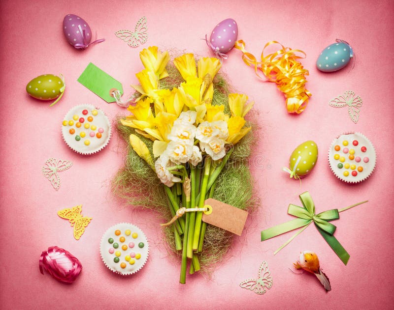 Easter Flat Lay with Spring Flowers, Eggs and Cakes Stock Image - Image ...