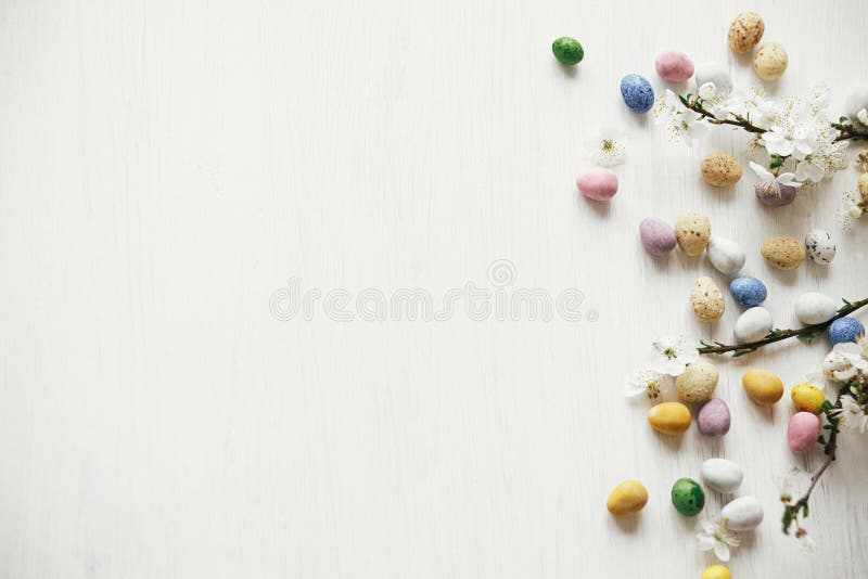 Easter Flat Lay. Stylish Easter Chocolate Eggs and Cherry Blossom on ...