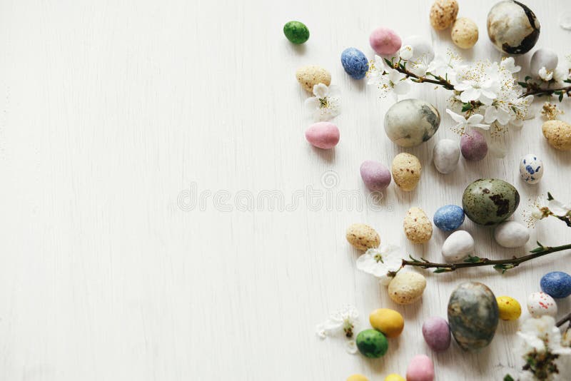 Easter Flat Lay. Stylish Easter Eggs and Cherry Blossom on Rustic White ...