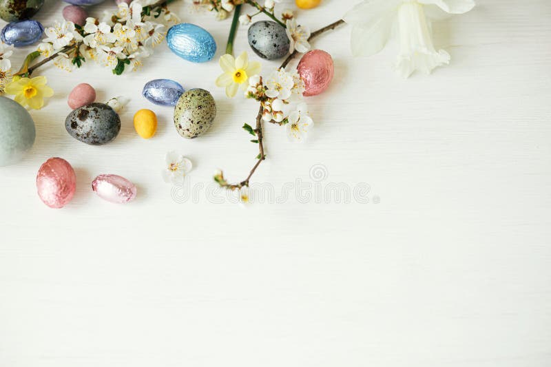 Easter Flat Lay. Stylish Easter Eggs and Cherry Blossom on White Rustic ...