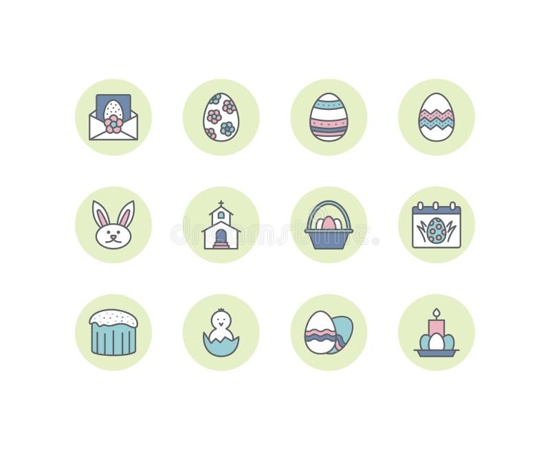 Easter Flat Line Icons Set. Contains Such Icons As Colored Egg, Bunny, Basket, Cake and Chick ...