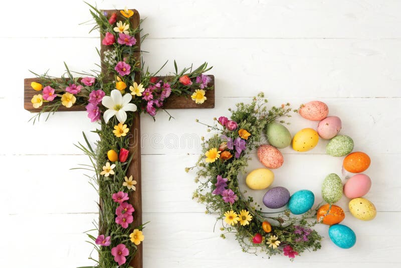 Easter Flower Cross and Easter Eggs on White Background Christian ...