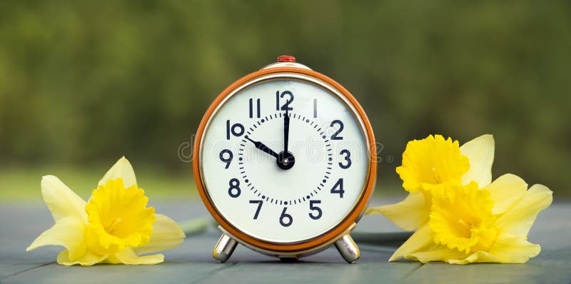 Daylight Savings Time Spring Forward Banner Alarm Clock Flowers Stock ...