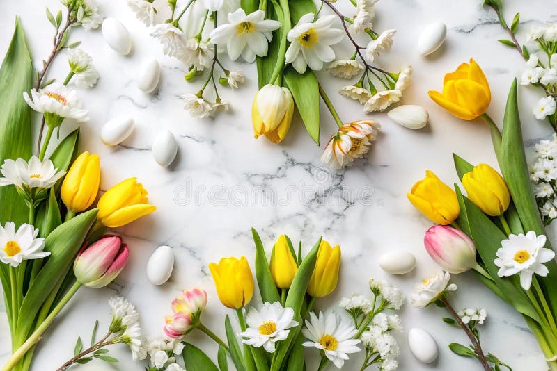 Easter Flowers Frame on Marble, Eggs, and Greenery Stock Illustration ...