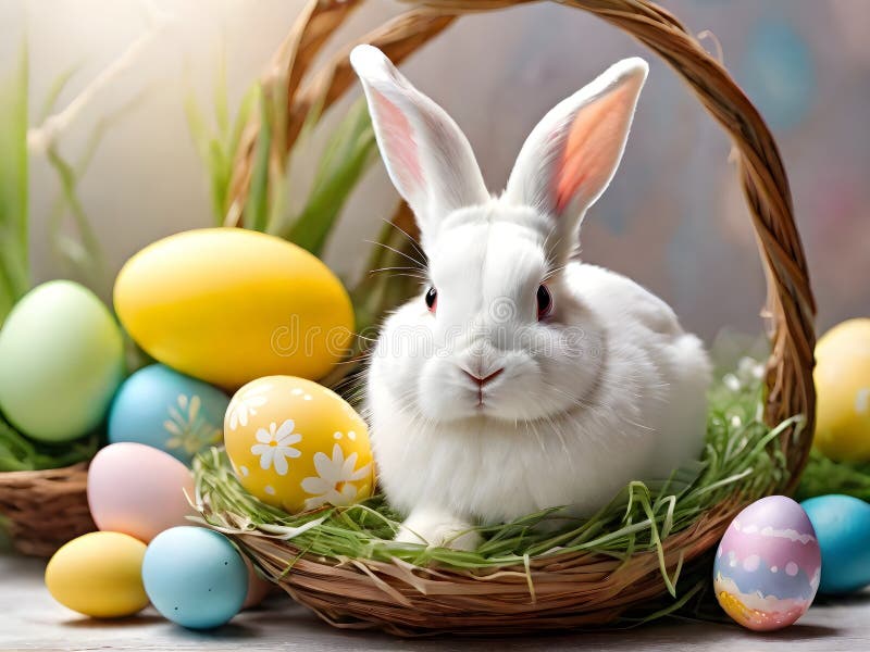 Easter Bunny with a Basket of Painted Eggs Stock Image - Image of ...