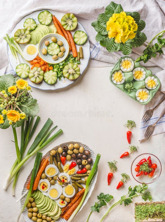 Easter Food Background. Various Meals Plates with Boiled Eggs. Easter ...