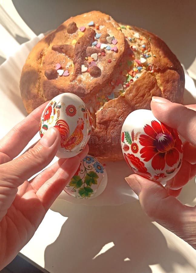Easter Food Sweet Bun and Colours Eggs in the Hands, Spring Holiday ...