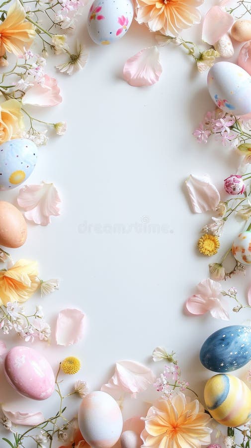 Easter Frame with Decorative Eggs and Pastel Flower Petals on White ...