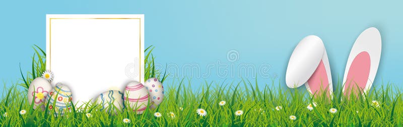 Easter Frame Eggs Hare Ears Spring Blue Header Stock Vector ...