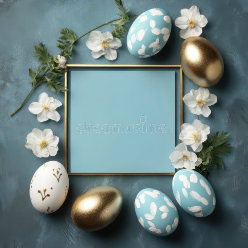 Easter Frame of Eggs Painted in Light Blue and Gold Color with White ...
