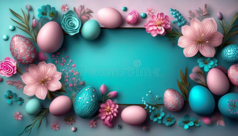 Easter Frame with Turquoise and Pink Easter Eggs, with Different ...