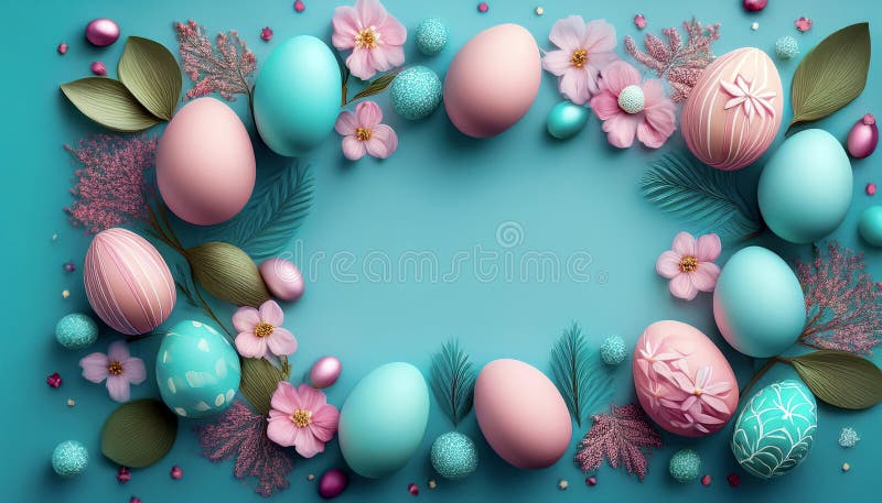 Easter Frame with Turquoise and Pink Easter Eggs, with Different ...