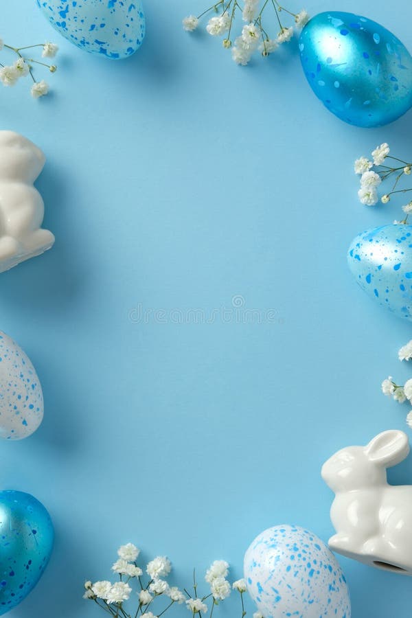 Easter Frame, Vertical Banner Design with White Ceramic Bunny, Blue ...
