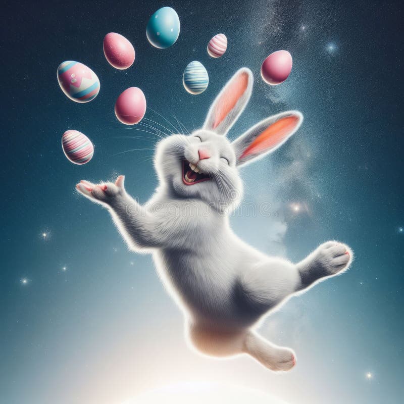 Easter Funny Laughing Bunny, Jumping and Juggling Colored Easter Eggs ...