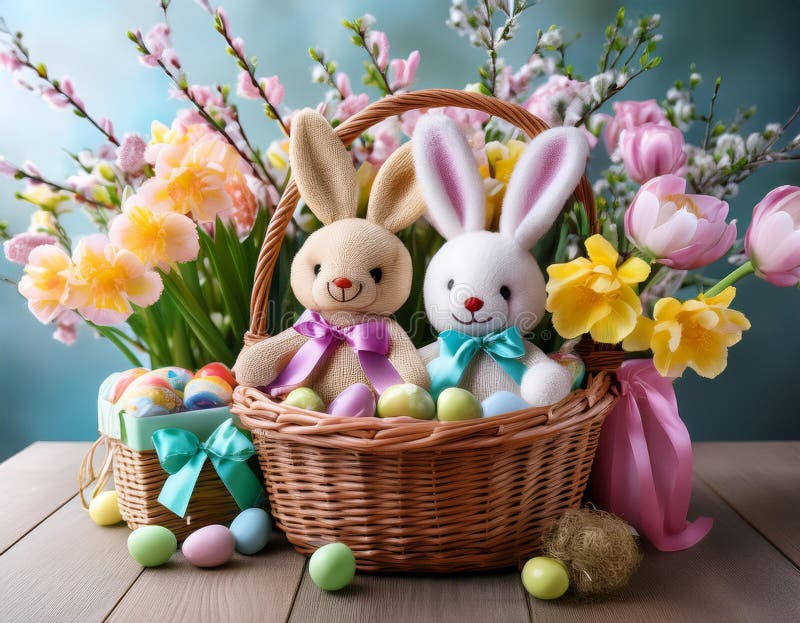 Easter Gift Baskets with Stuffed Bunnies, Candy, and Spring Flowers ...