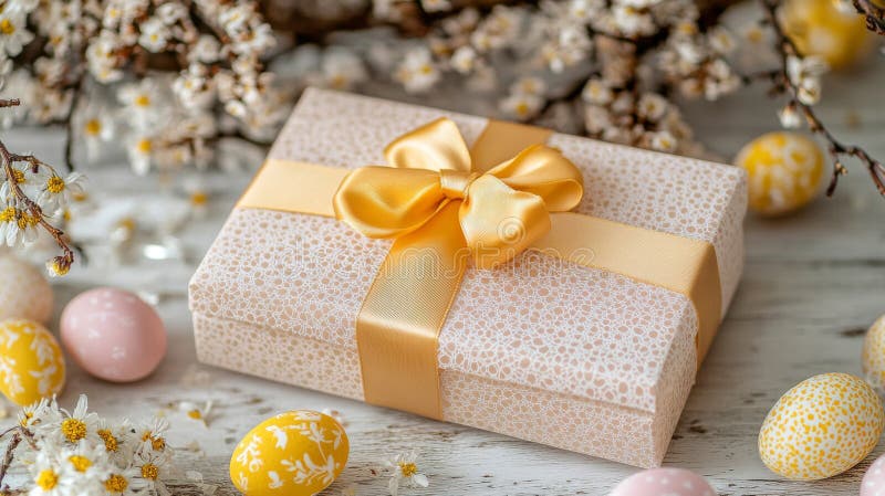Easter Gift Box Decorated with Gold Ribbon and Flowers Stock ...