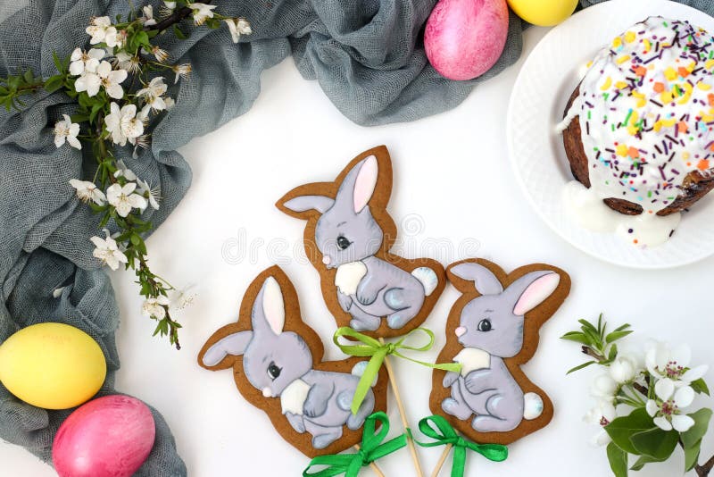 Easter Gingerbread in the Form of Cute Rabbits on Sticks Located on a ...