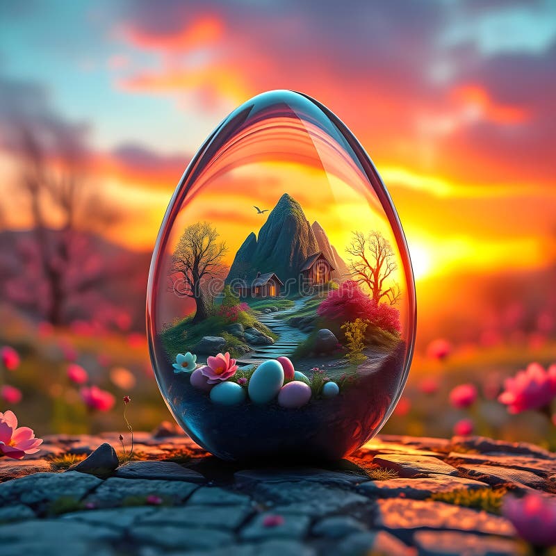 Easter Glass Egg with an Mountain House Inside, Stands in a Spring ...