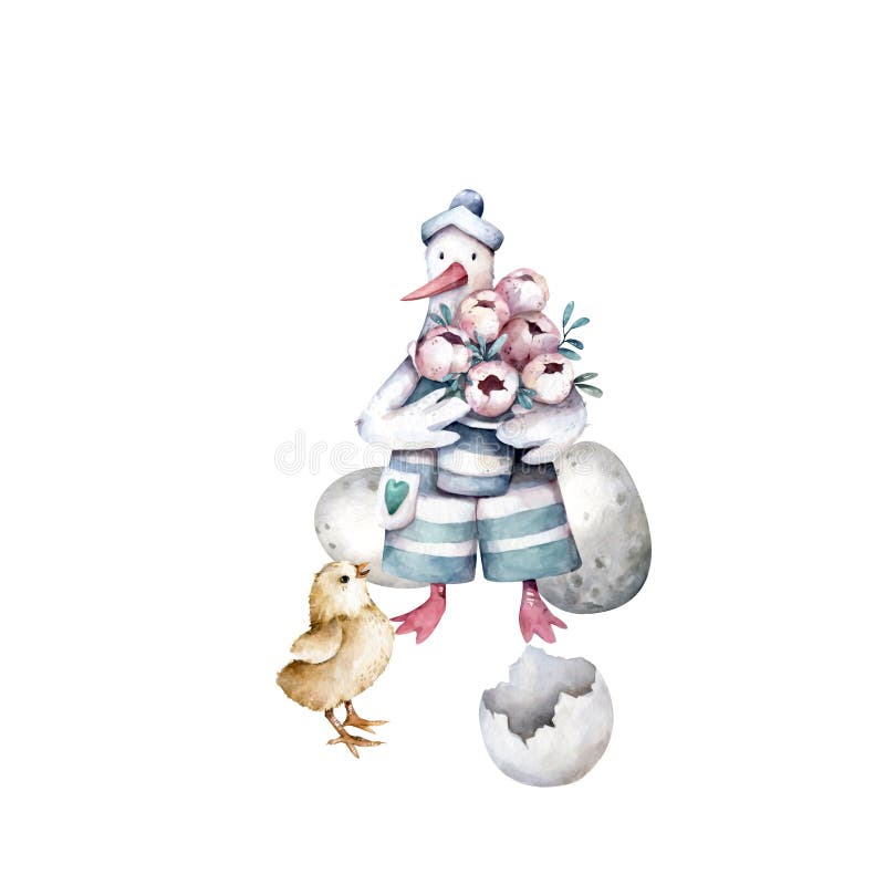 Easter Goose with Chickens. Happy Easter Watercolor Illustration Stock ...