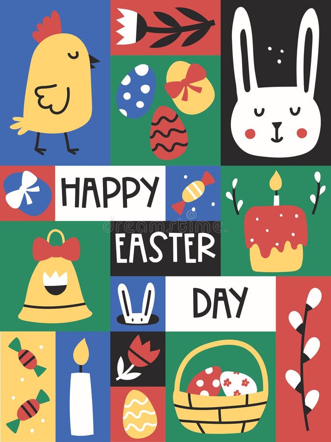 Easter Graphic Poster. Rectangular Greeting Card with Cute Symbols of ...