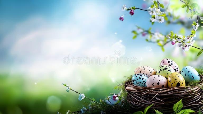 Easter Greeting Card. Brightly Colored Eggs Fall from a Basket Stock ...