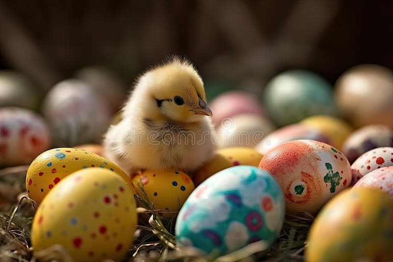 Easter Greeting Card with Colored Easter Eggs and Cute Chick Stock ...