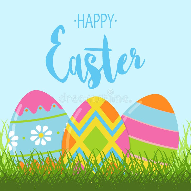 Easter Greeting Card with Colorful Easter Eggs on Green Grass. Template ...