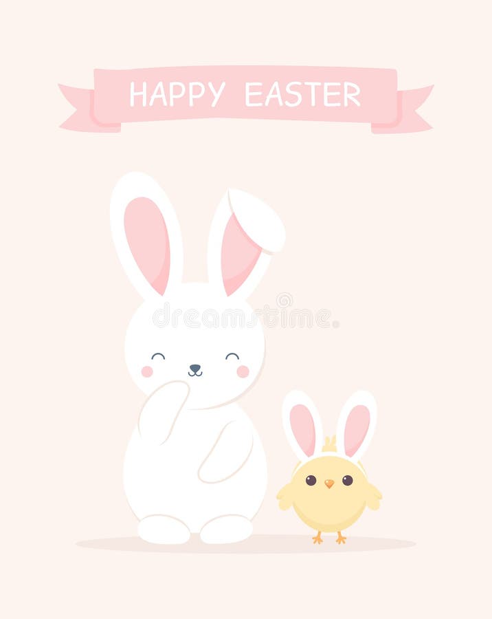 Easter Greeting Card. Cute Laughing Bunny and Chick Wearing Bunny Ears ...