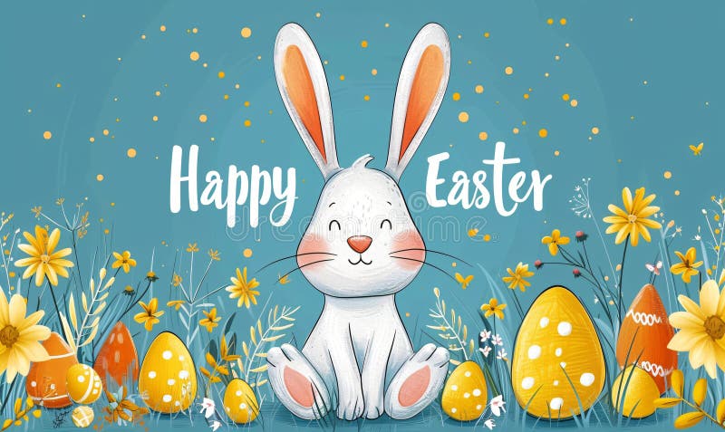 Easter Greeting Card with Lettering and Cute Fluffy Rabbit on Turquoise ...
